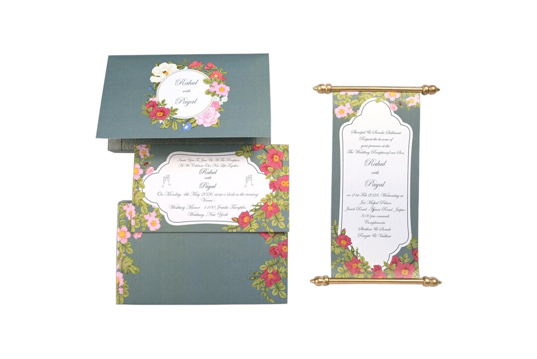 Green Color, Shimmery Finish Paper, Scroll Invitations, Small Size ...