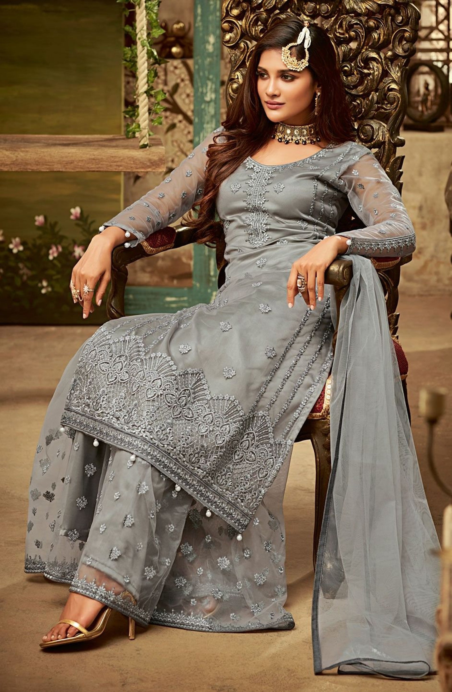 Net Bollywood Salwar Kameez in Black and Grey With Embroidered - Etsy