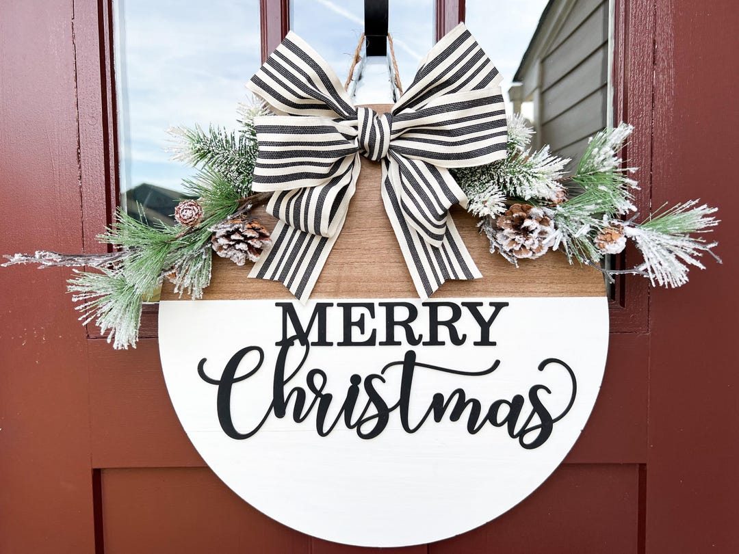 Merry Christmas Door Round, Black and White Christmas Decor, Elegant ...
