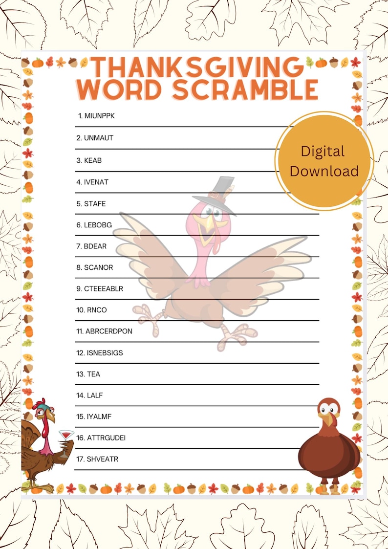 Thanksgiving Word Scramble Game, Holiday Word Scramble, Printable Word ...