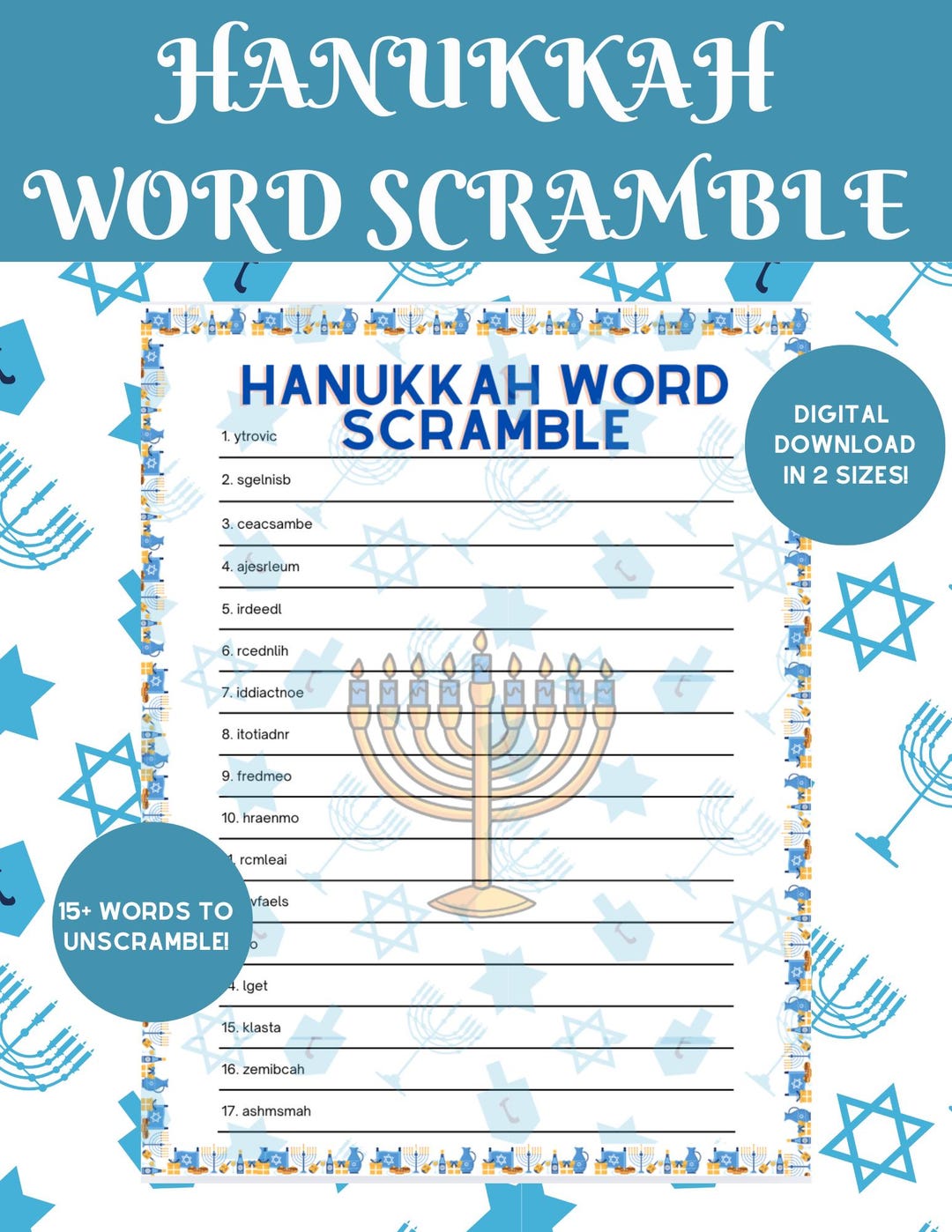 Hanukkah Word Scramble, Hanukkah Digital, Hanukkah Games, Printable ...