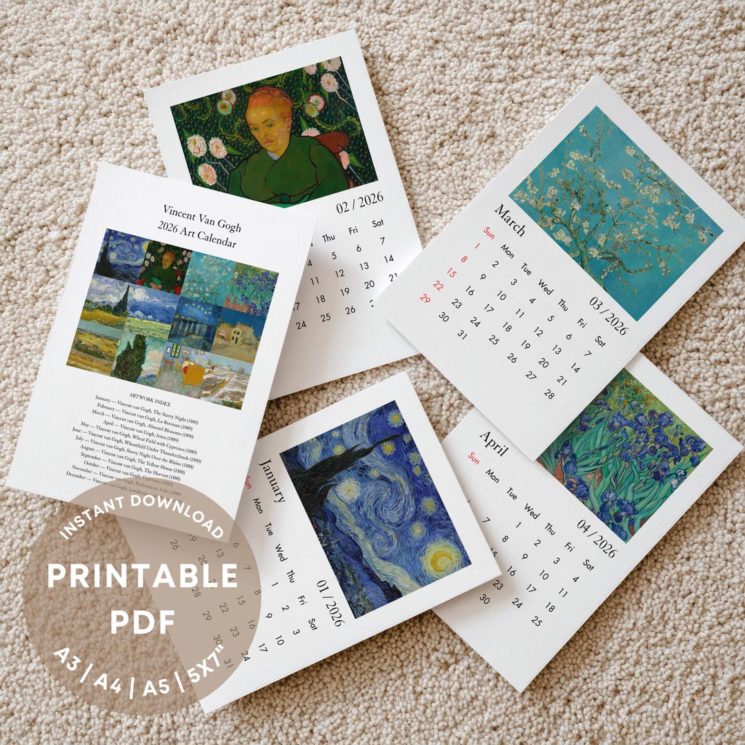 Vincent Van Gogh 2026 Printable Art Calendar PDF – A3, A4, A5, 5x7 ...