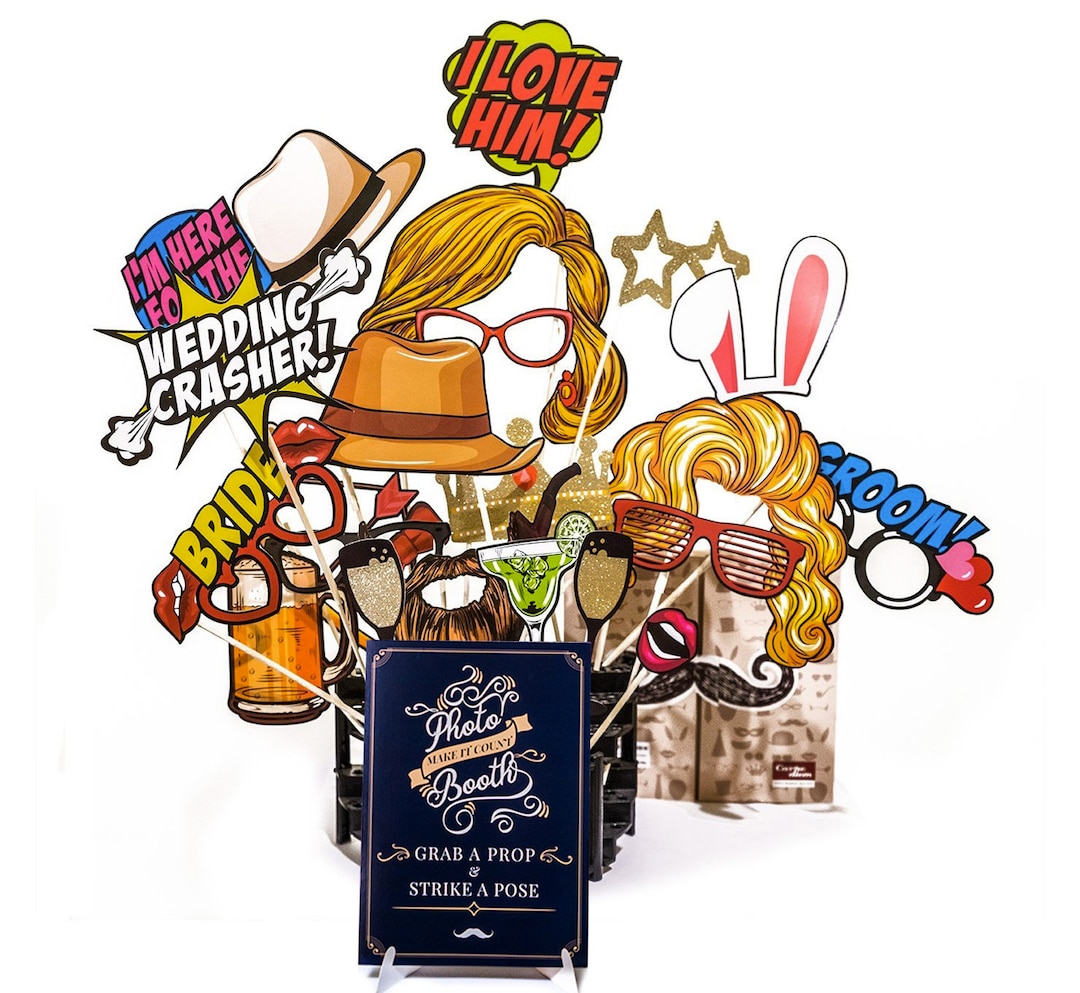 Wedding Photo Booth Props Kit: 36 Masks, Sign & Stand - Etsy