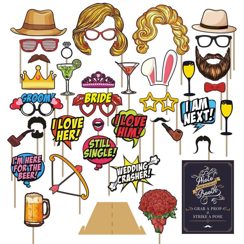 Wedding Photo Booth Props Kit 38 Pieces With Wooden Sticks - Etsy