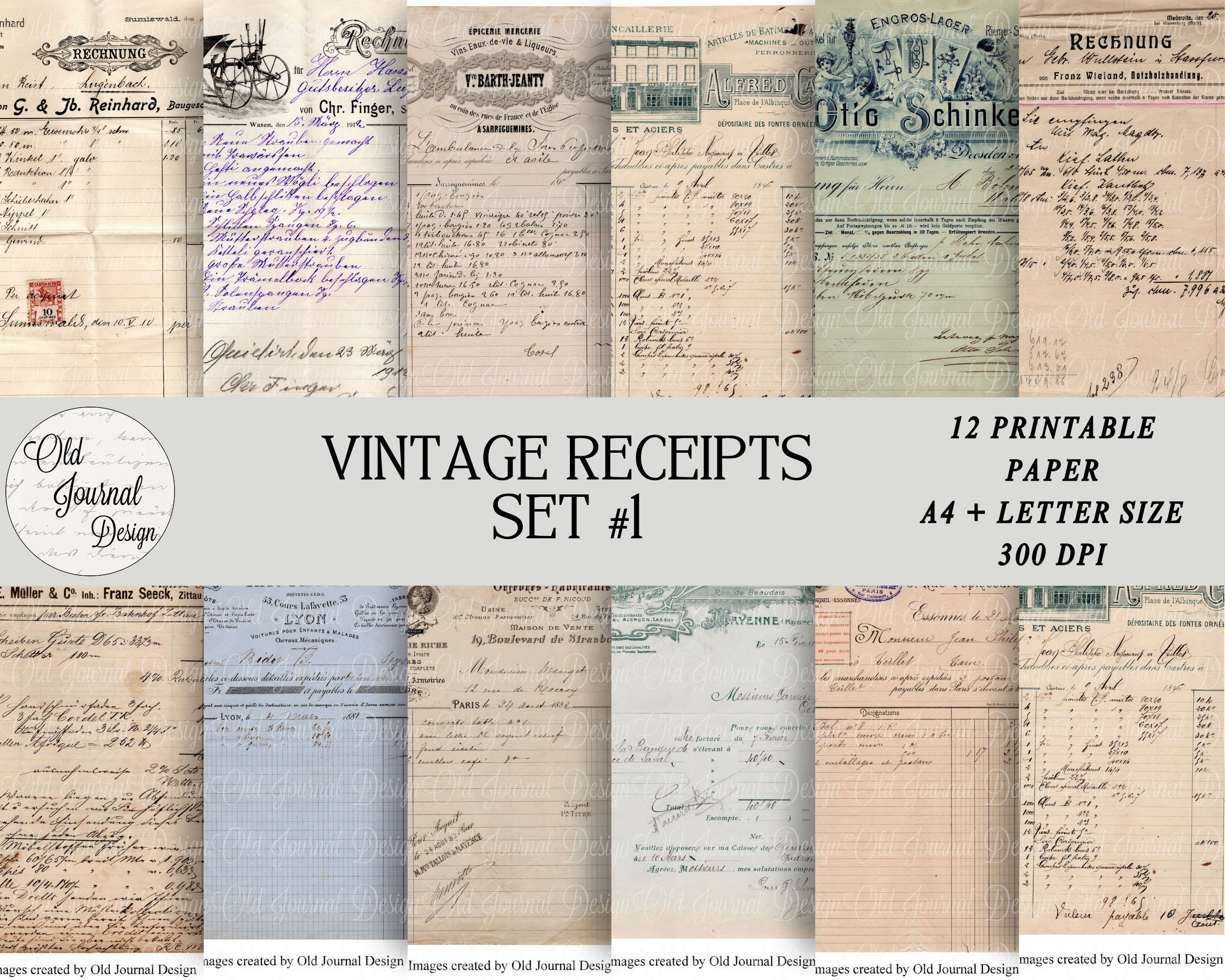 12 Pg Vintage French Old Receipts Printable Junk Journal Pages ...