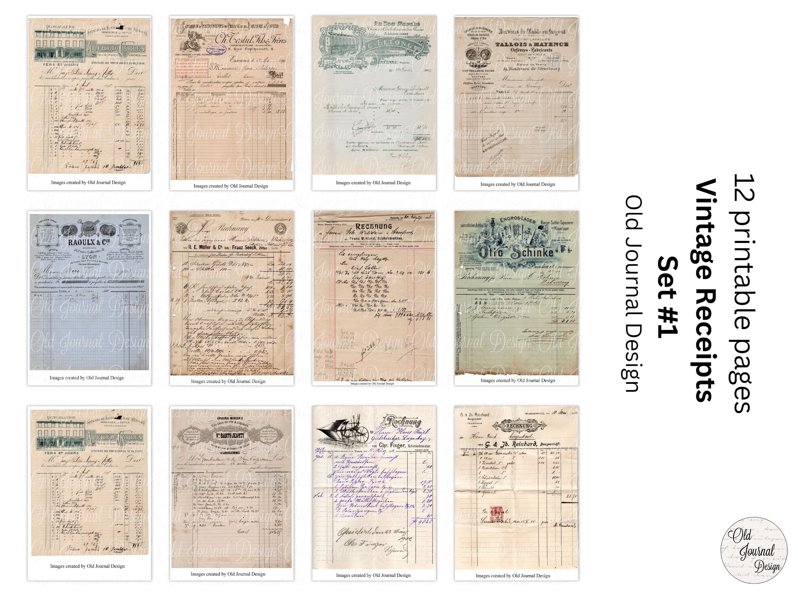 12 Pg Vintage French Old Receipts Printable Junk Journal Pages ...