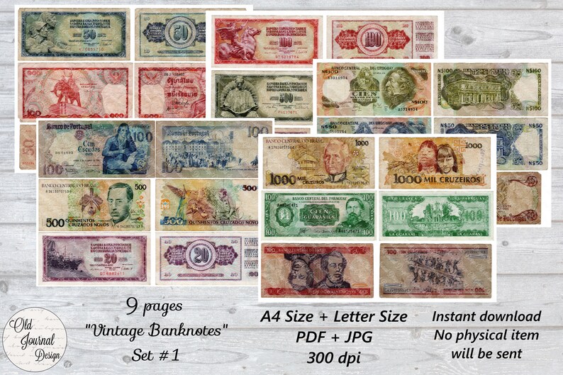 Vintage Banknotes Set #1 Printable Junk Journal Ephemera Digital ...