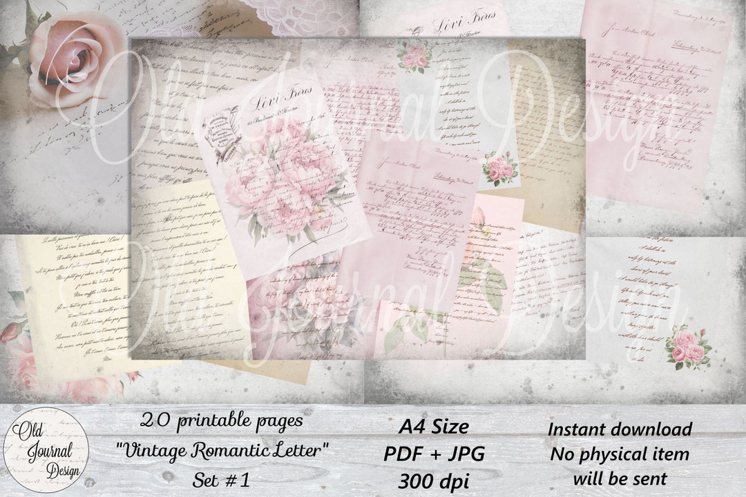 20 Pg Vintage Handwritten romantic Letters Set 1 A4 Printable Junk ...