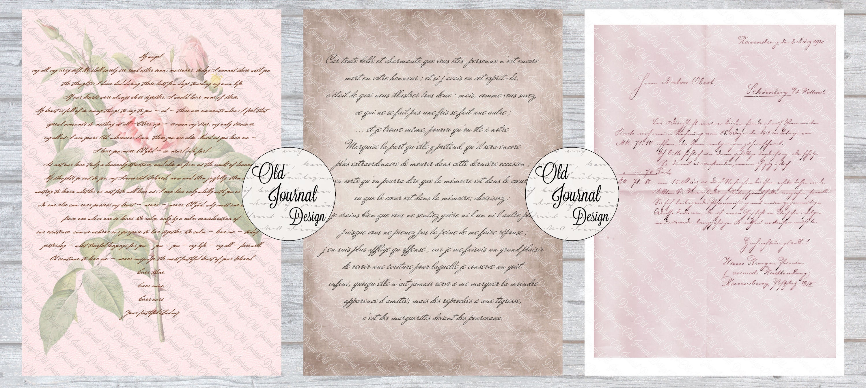 20 Pg Vintage Handwritten romantic Letters Set 1 A4 Printable Junk ...