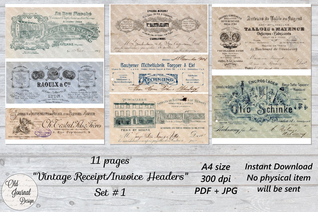 11 Pg Vintage RECEIPT INVOICE HEADER Paper Printable Junk Journal Pages ...