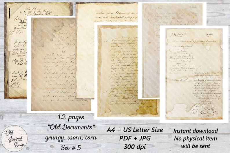 12 Pg Vintage old Documents Set 5 A4 Letter Size Printable Junk Journal ...