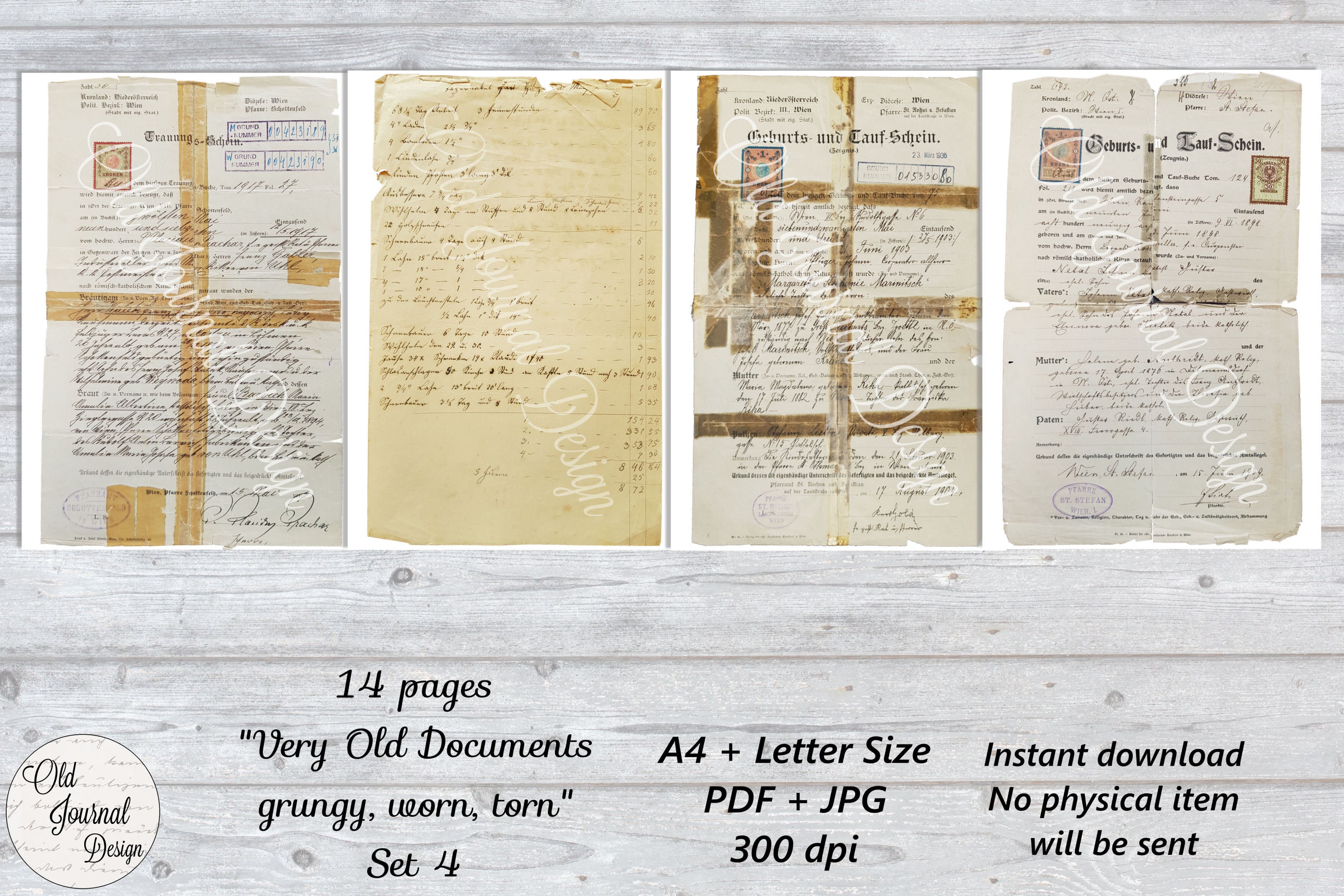 14 Pg Vintage old Documents Grungy Torn Worn Set 4 Printable Junk ...