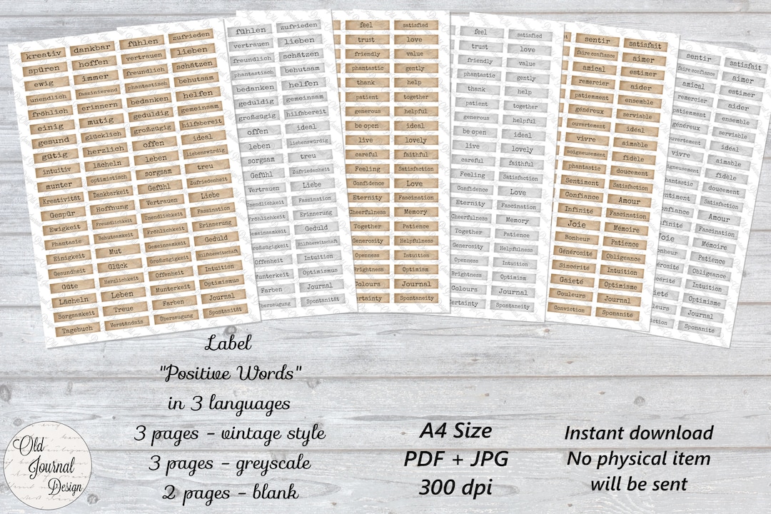 Vintage "positive Words" Label Printable Junk Journal Pages ...