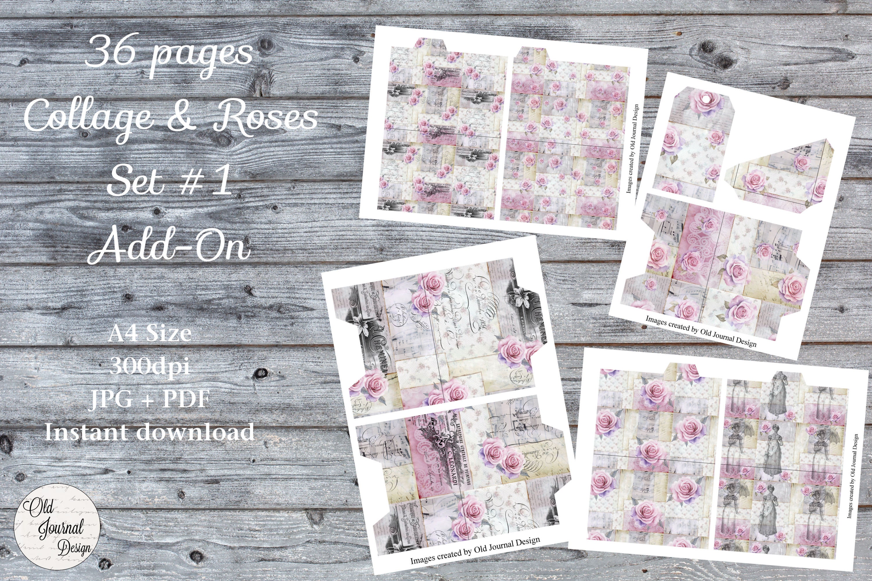 36 Pg Vintage COLLAGE ROSES Add-on Paper Printable Junk Journal Pages ...