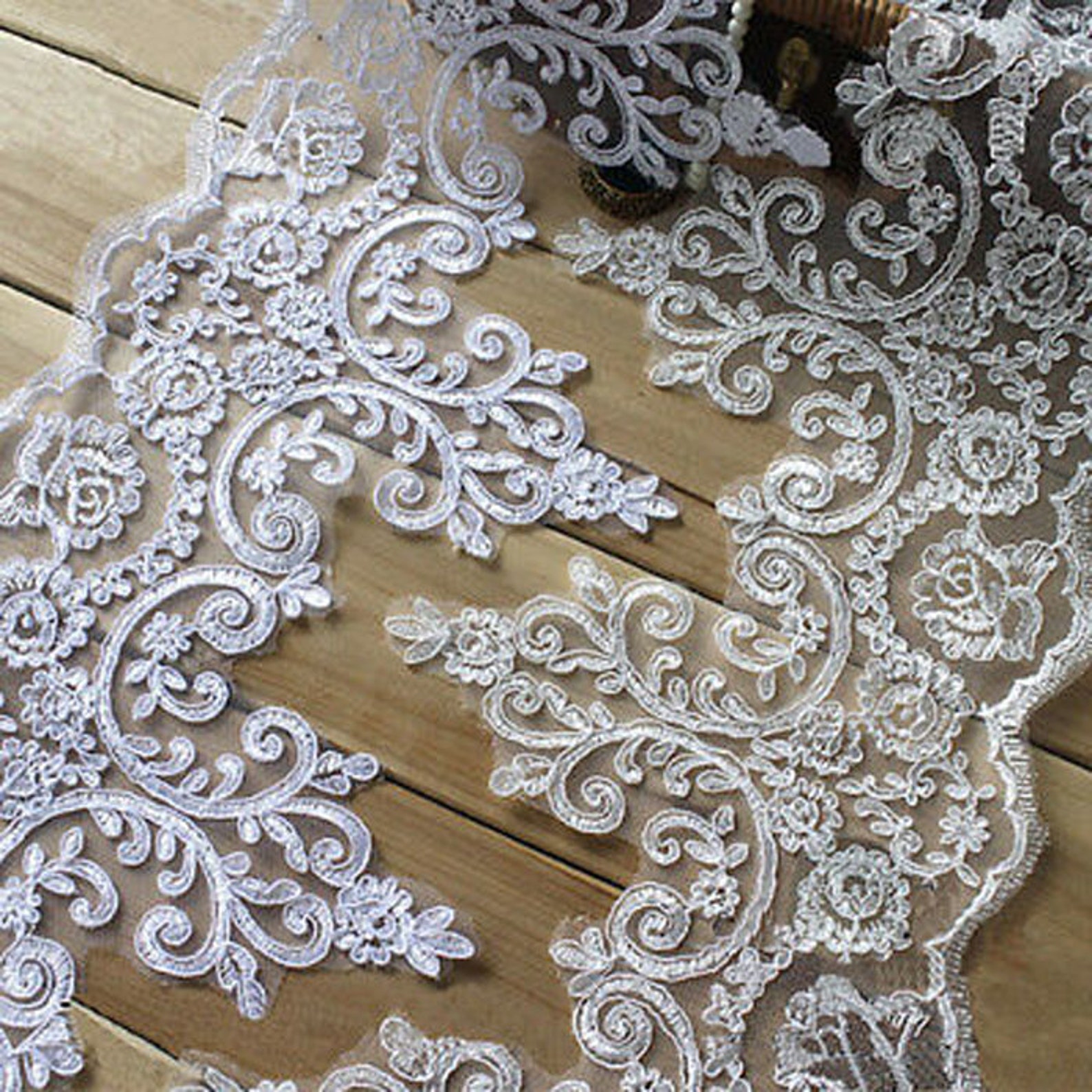 Floral Corded Scalloped Lace Edge Embroidered Trim Boho Wedding Dress ...