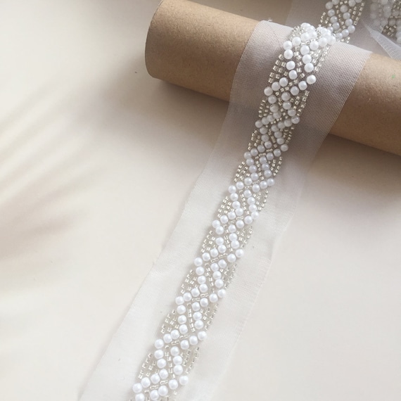 Beaded Pearl Trim Ribbon Chain for Bridal Sash Diamante - Etsy UK