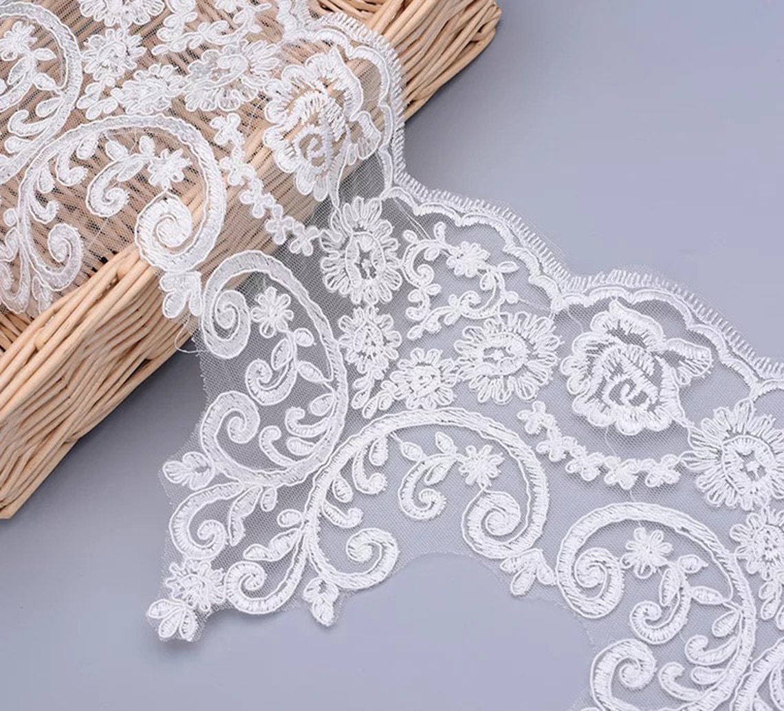 Floral Corded Scalloped Lace Edge Embroidered Trim Boho Wedding Dress ...