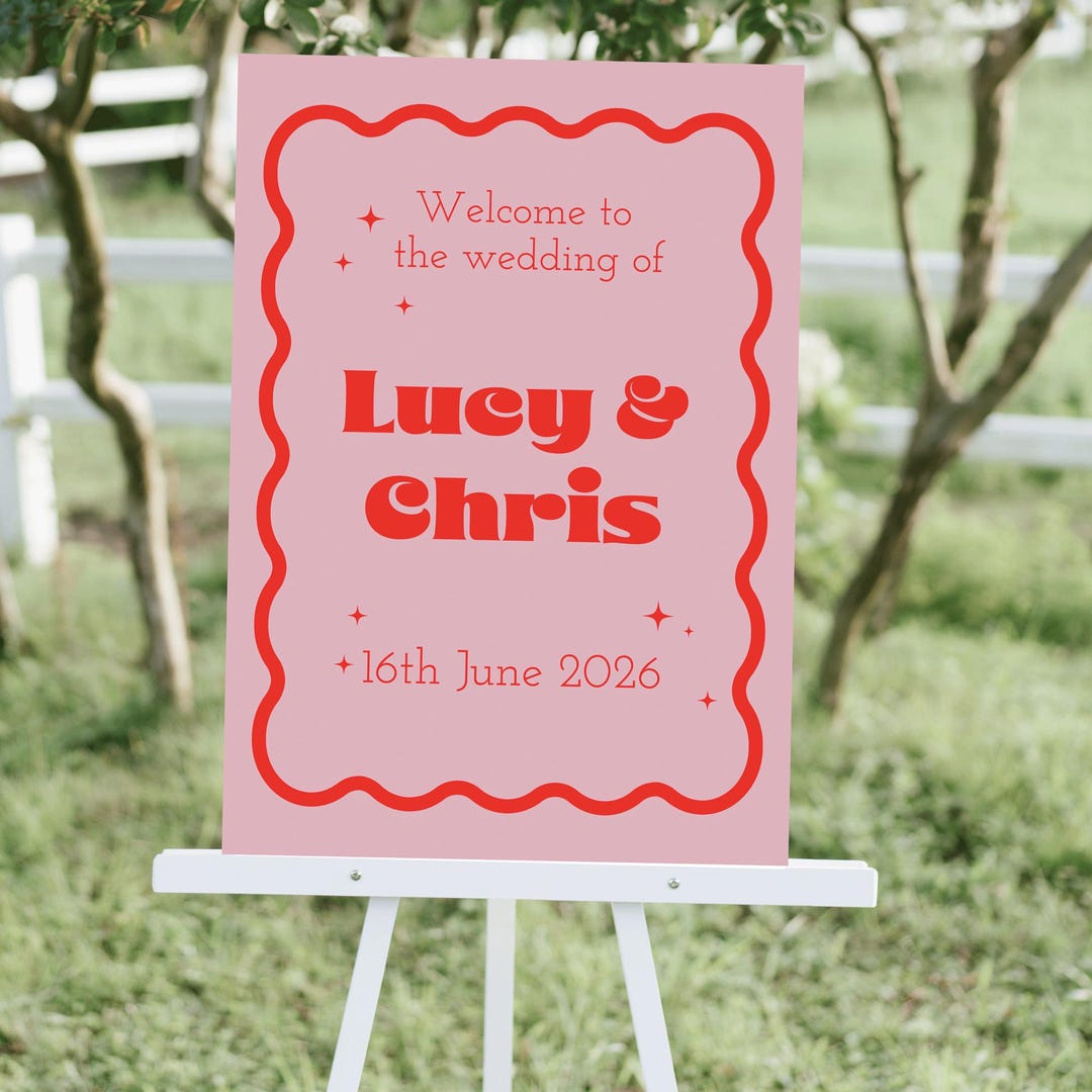 Personalised Retro Welcome Wedding Sign Red & Pink Wedding Sign Retro ...