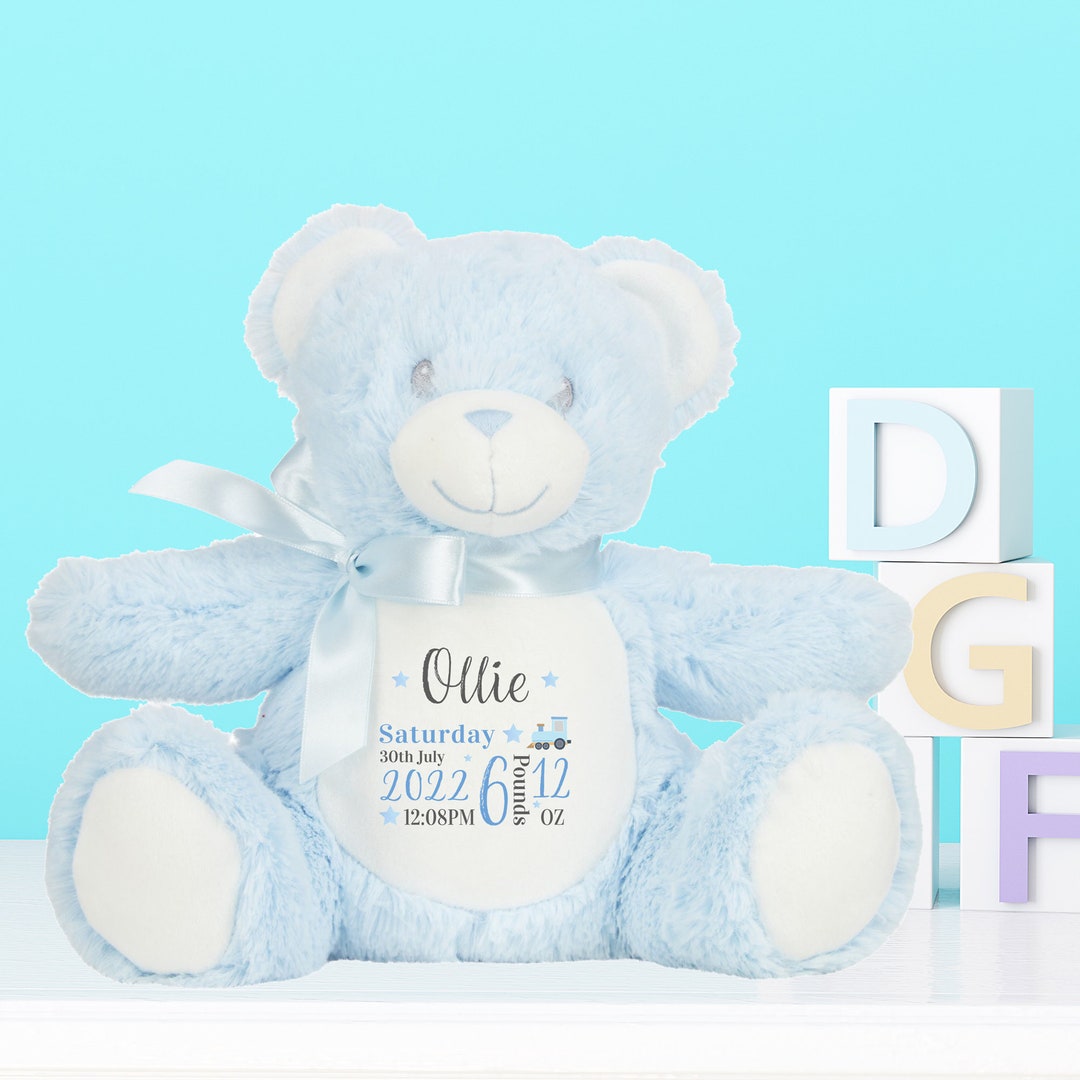 Personalised Blue Bear Plush Soft Toy, Customised New Baby Gift, Boys ...