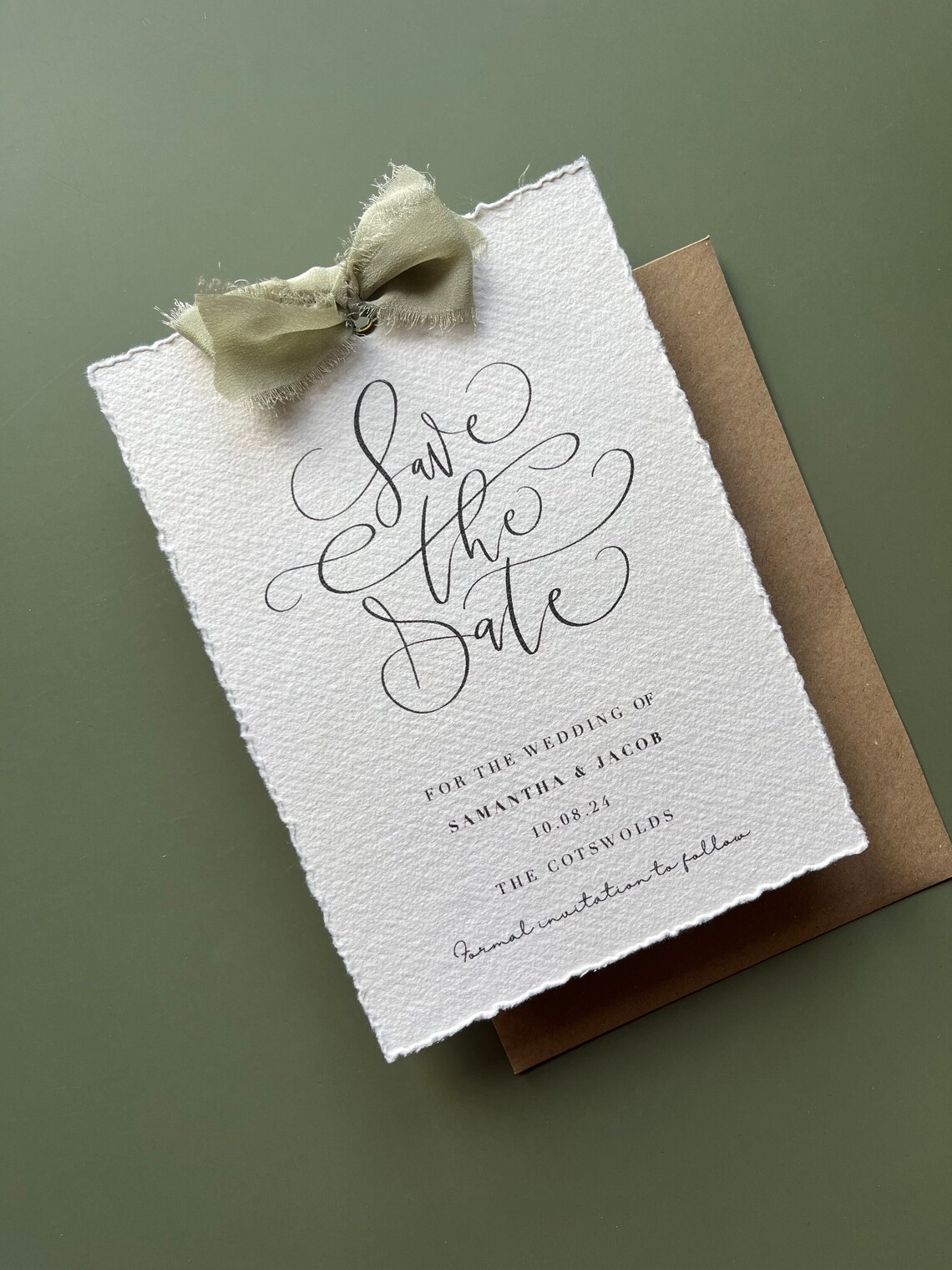 Cotton Paper Save the Date | Handmade Paper Save the Date | Sage Ribbon ...