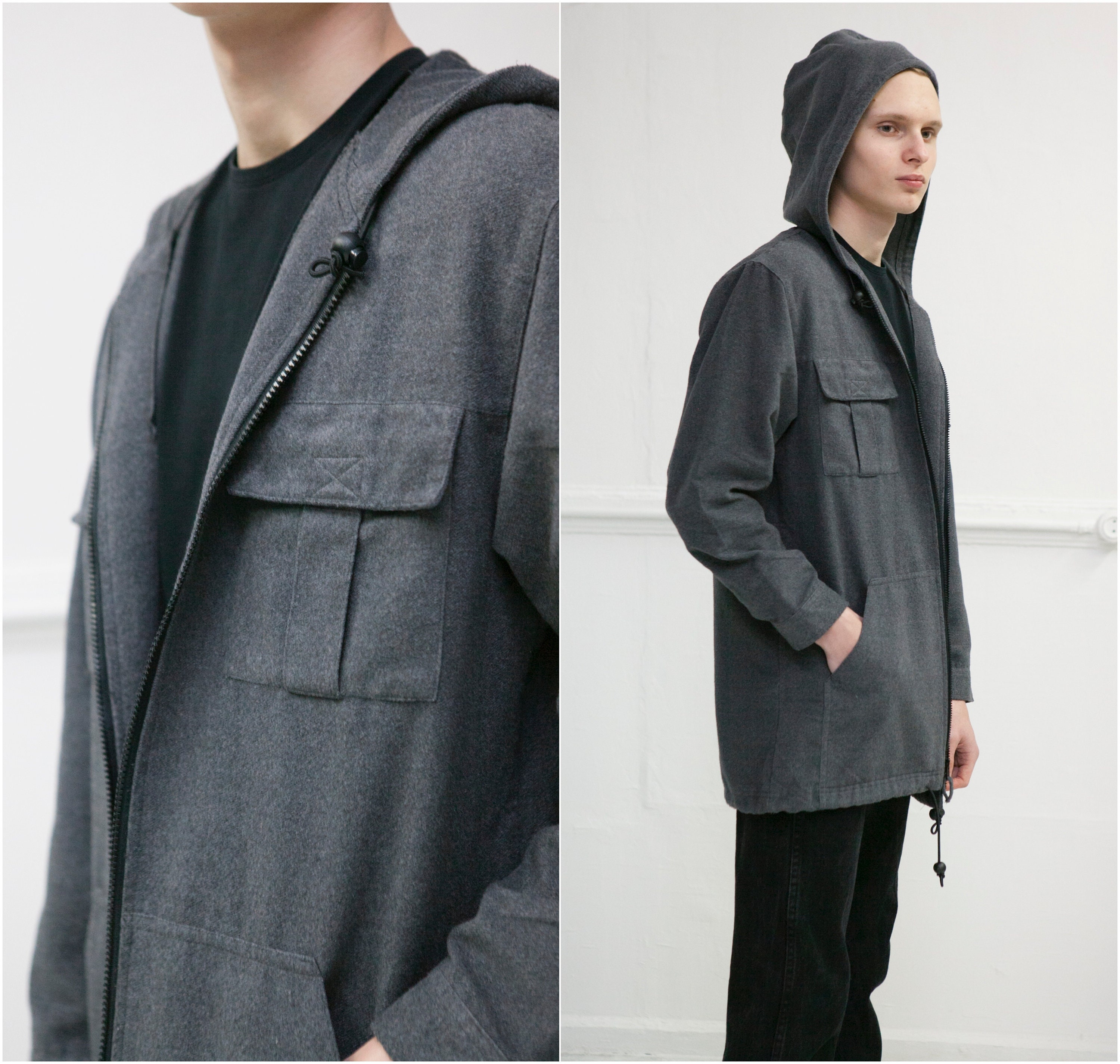 Men Zip up Hoodie Jacket Size M Vintage Grey Utility Parka With Pockets ...