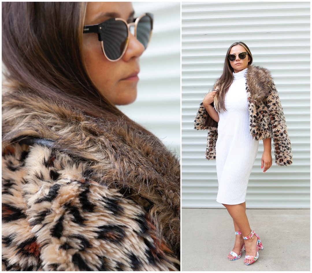 Vintage Faux Fur Jacket Size L With Big Fluffy Collar and Side Pockets ...