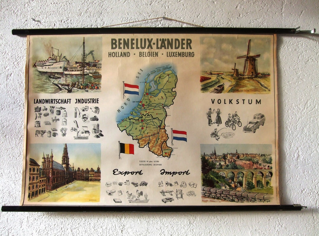 Vintage Roll Map Display Board Benelux Countries School Board Teaching ...