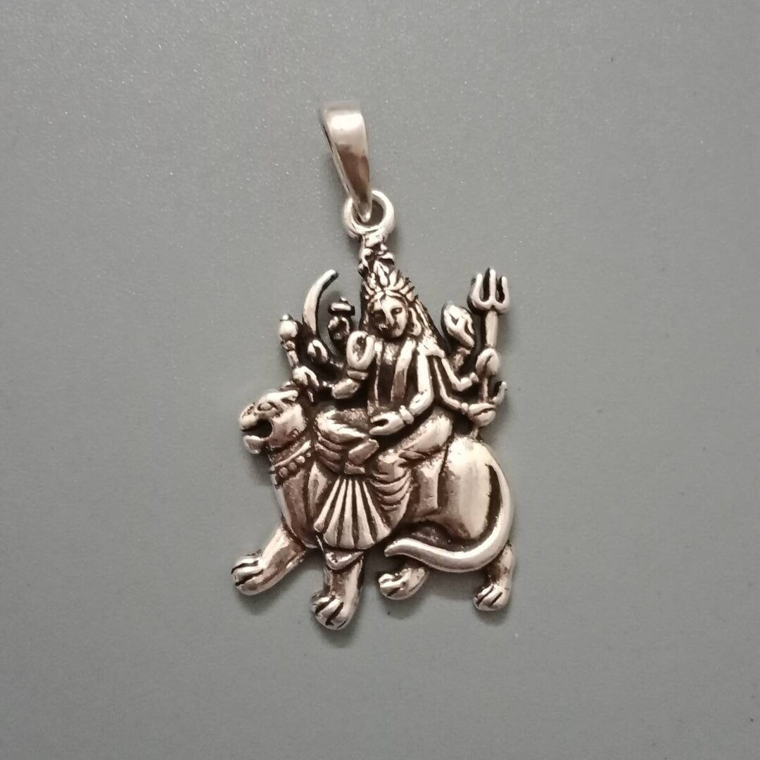 Durga Pendant in Sterling Silver, Kaali, 925, Durga on Lion, Trishula ...