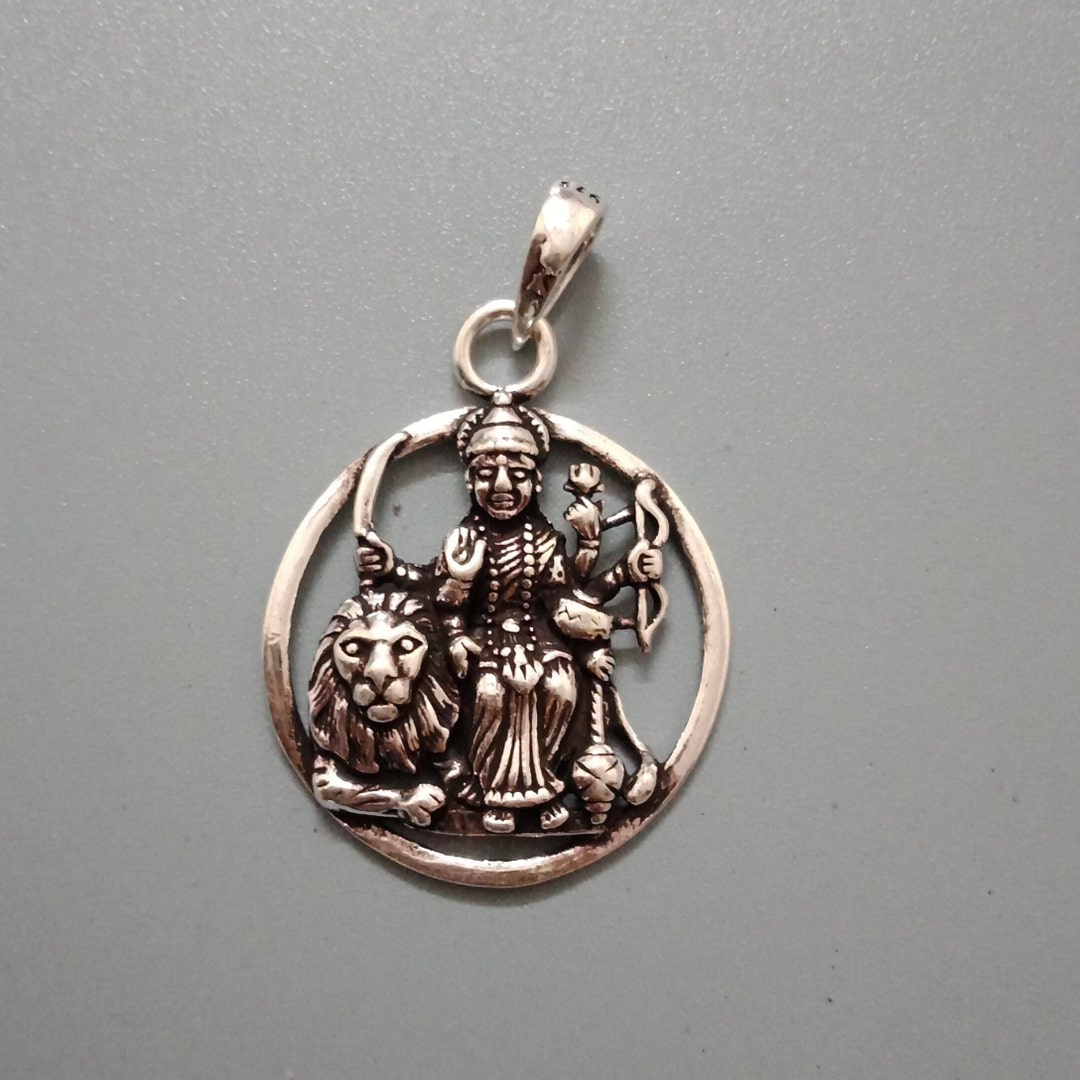 Durga Pendant in Sterling Silver, Kaali, 925, Durga on Lion, Trishula ...