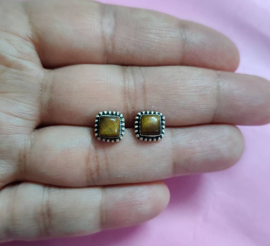 Tiger Eye Stud Earring, Sterling Silver Studs, Floral Studs, Toger's ...