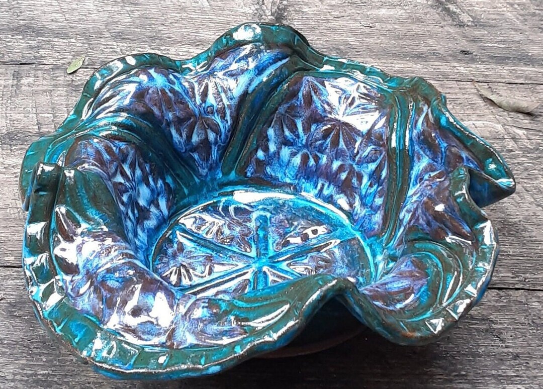 Ruffle Bowl, Handmade Stoneware Pottery, Burgundy and Turquoise, 10 X 3 ...
