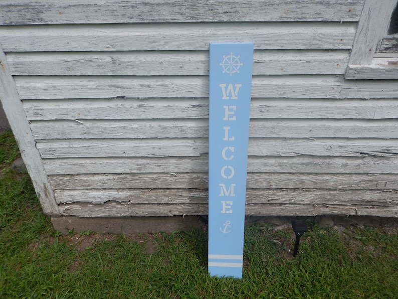 Nautical WELCOME Sign, Porch Rustic Wood Handmade Blue and White 48 ...