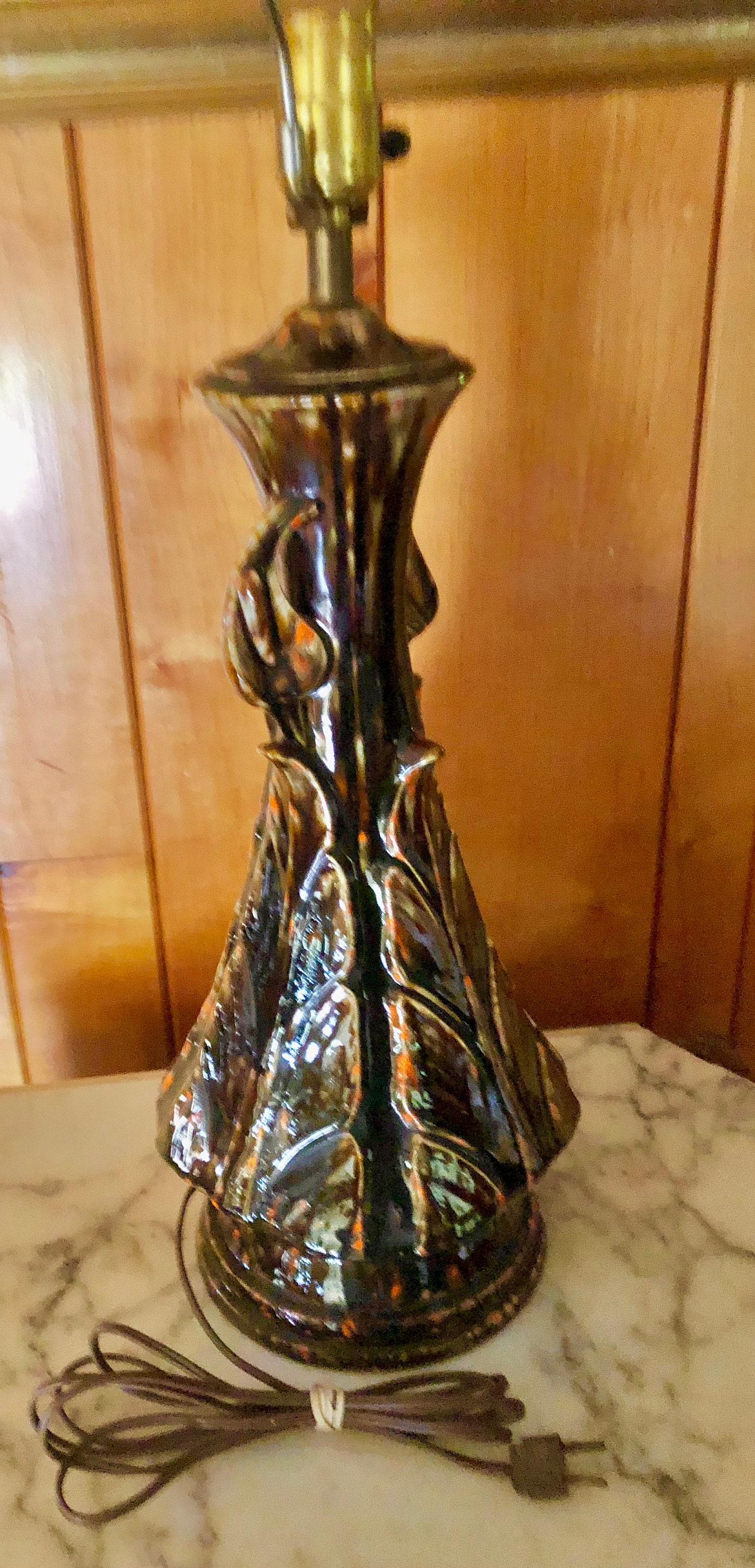 Vintage MCM Table Lamp Brown & Orange Large Leaf Ceramic17in Tall w/o ...