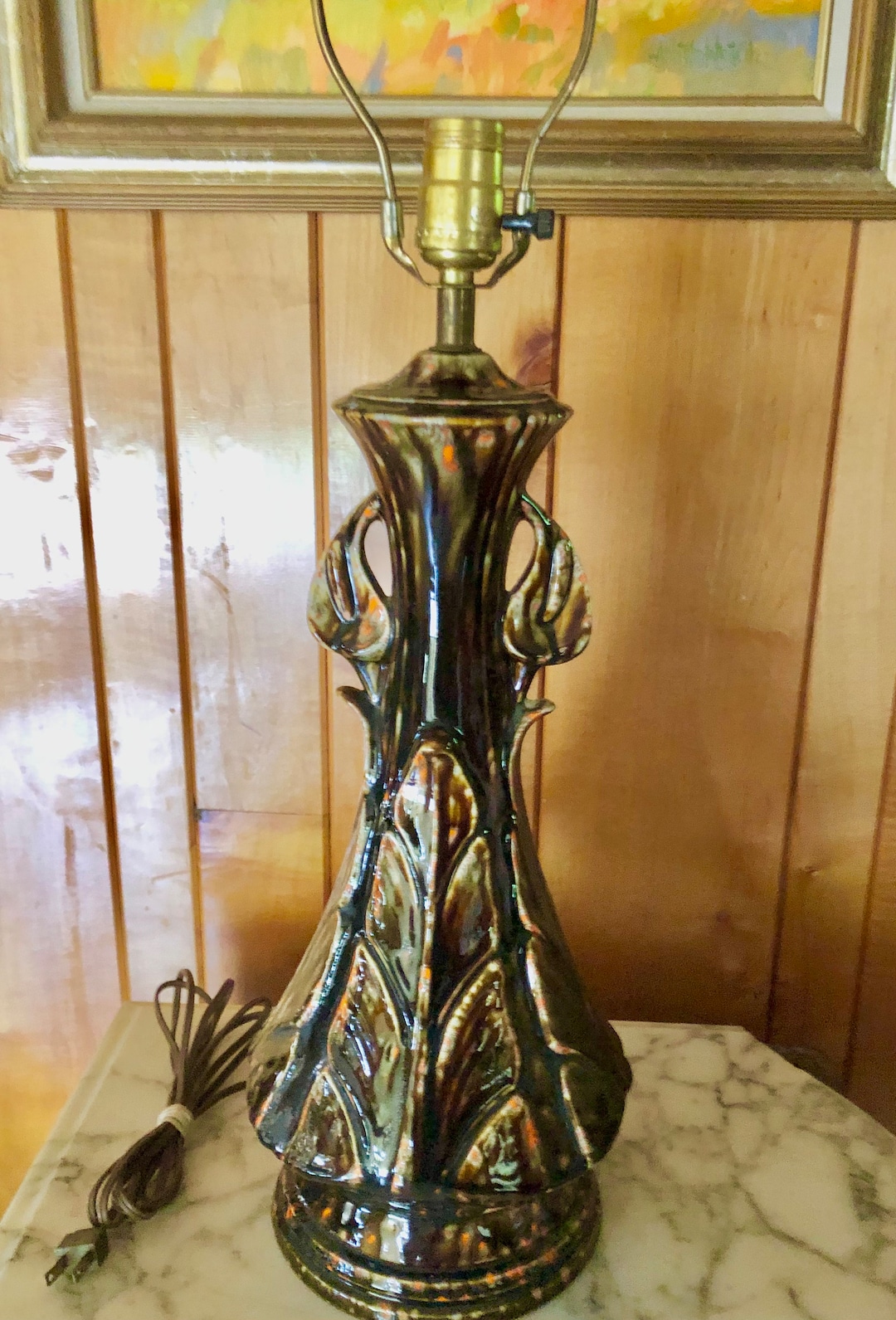 Vintage MCM Table Lamp Brown & Orange Large Leaf Ceramic17in Tall w/o ...