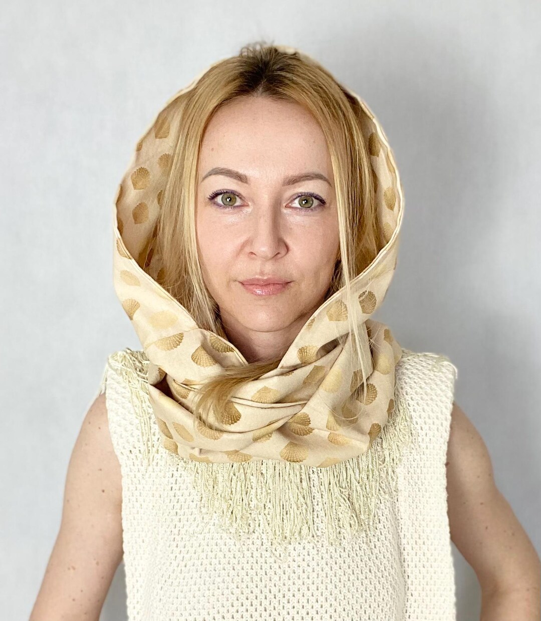 Beige Linen Snood Hood With Golden Shell Print • Light Summer Hooded ...