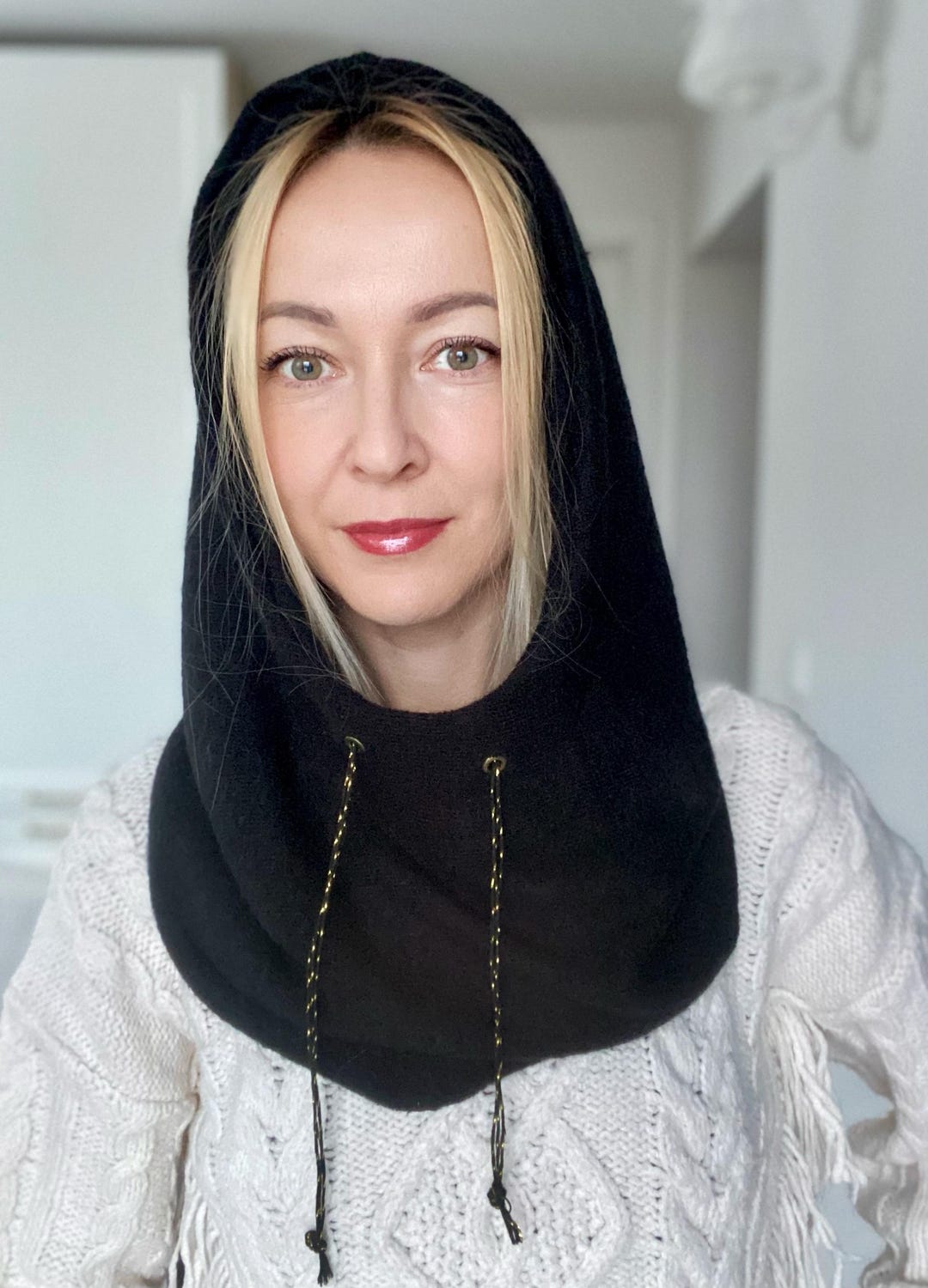 Black Hooded Scarf Balaclava Knitwear – Lightweight Hooded Cowl/neck ...