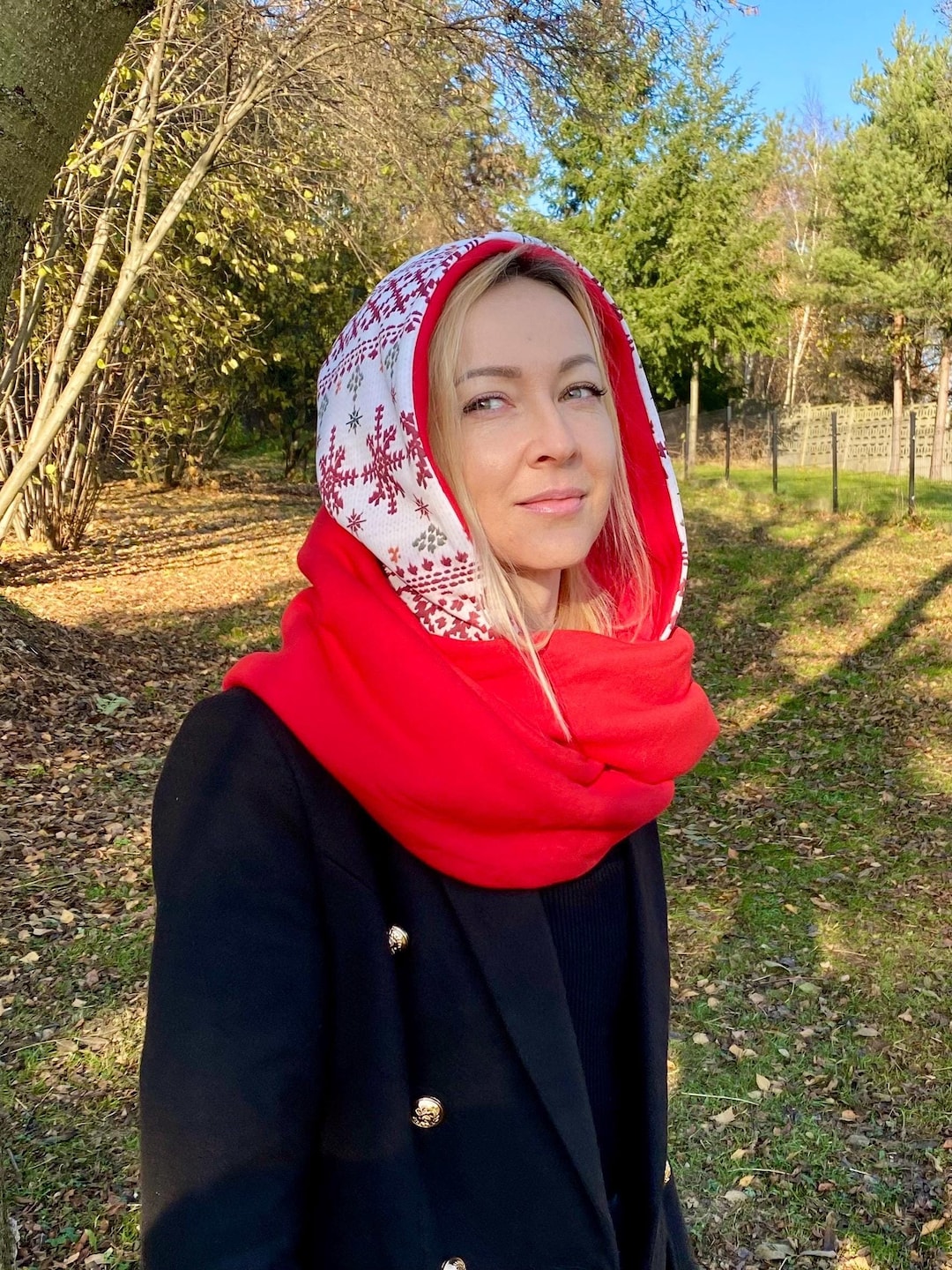 Reversible Infinity Hooded Scarf With Winter Pattern – Cotton Snood in ...