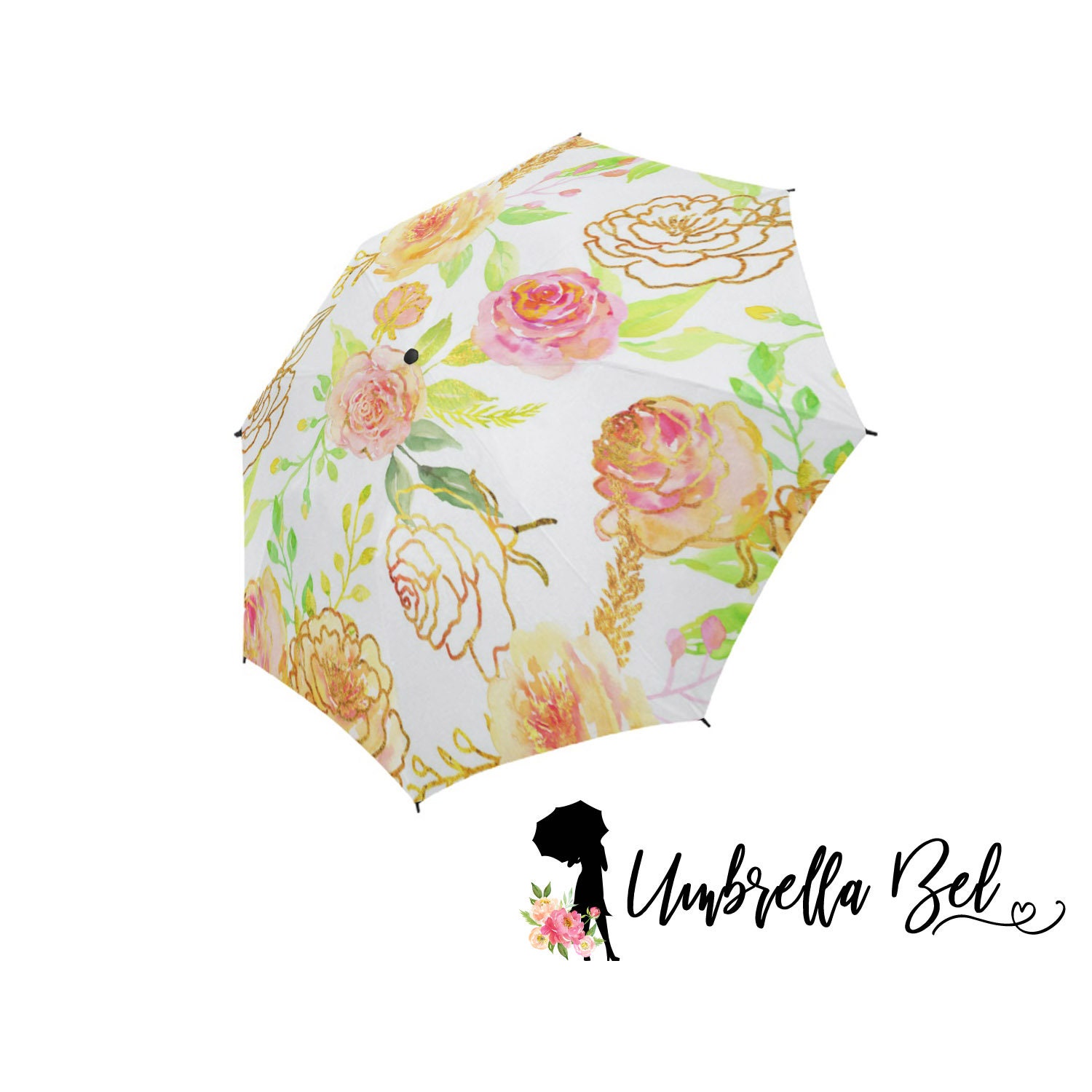 Rose Umbrella, Gold Rose Design Rain Umbrella, Womens Umbrella, Peach ...