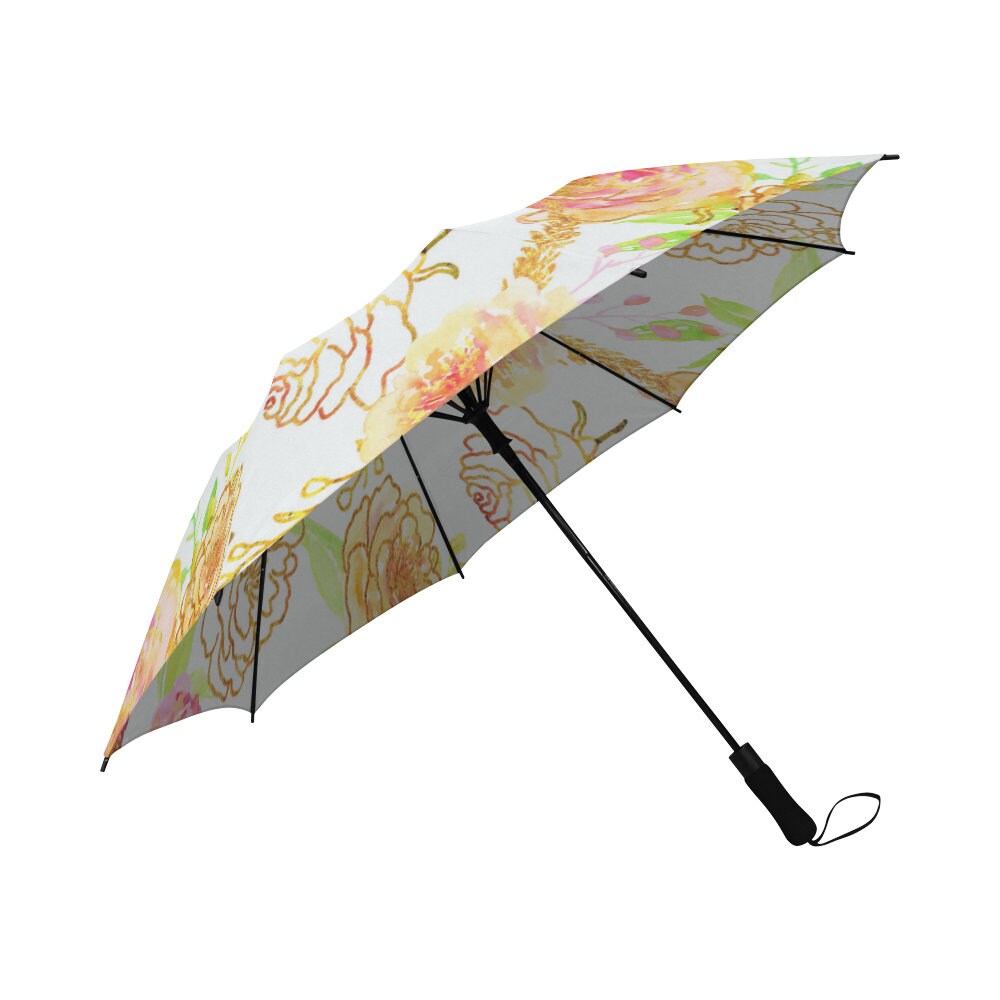 Rose Umbrella, Gold Rose Design Rain Umbrella, Womens Umbrella, Peach ...