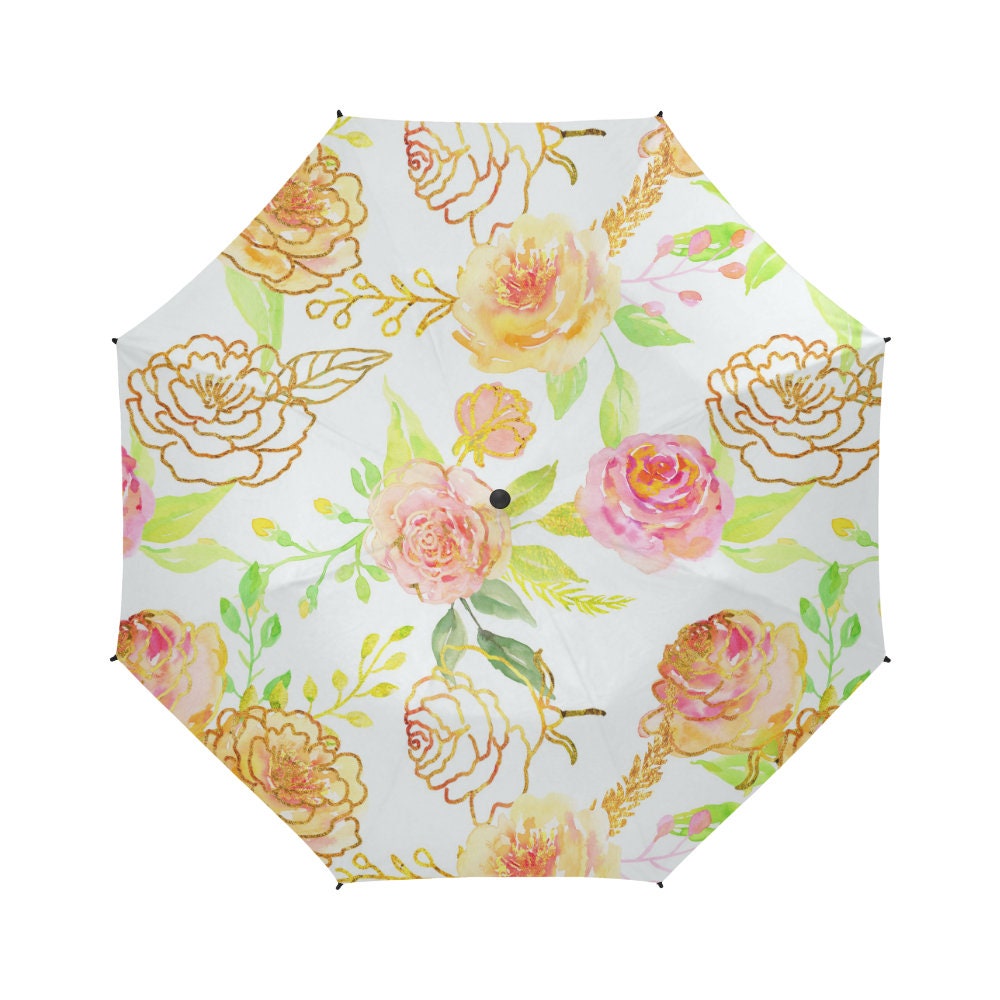 Rose Umbrella, Gold Rose Design Rain Umbrella, Womens Umbrella, Peach ...