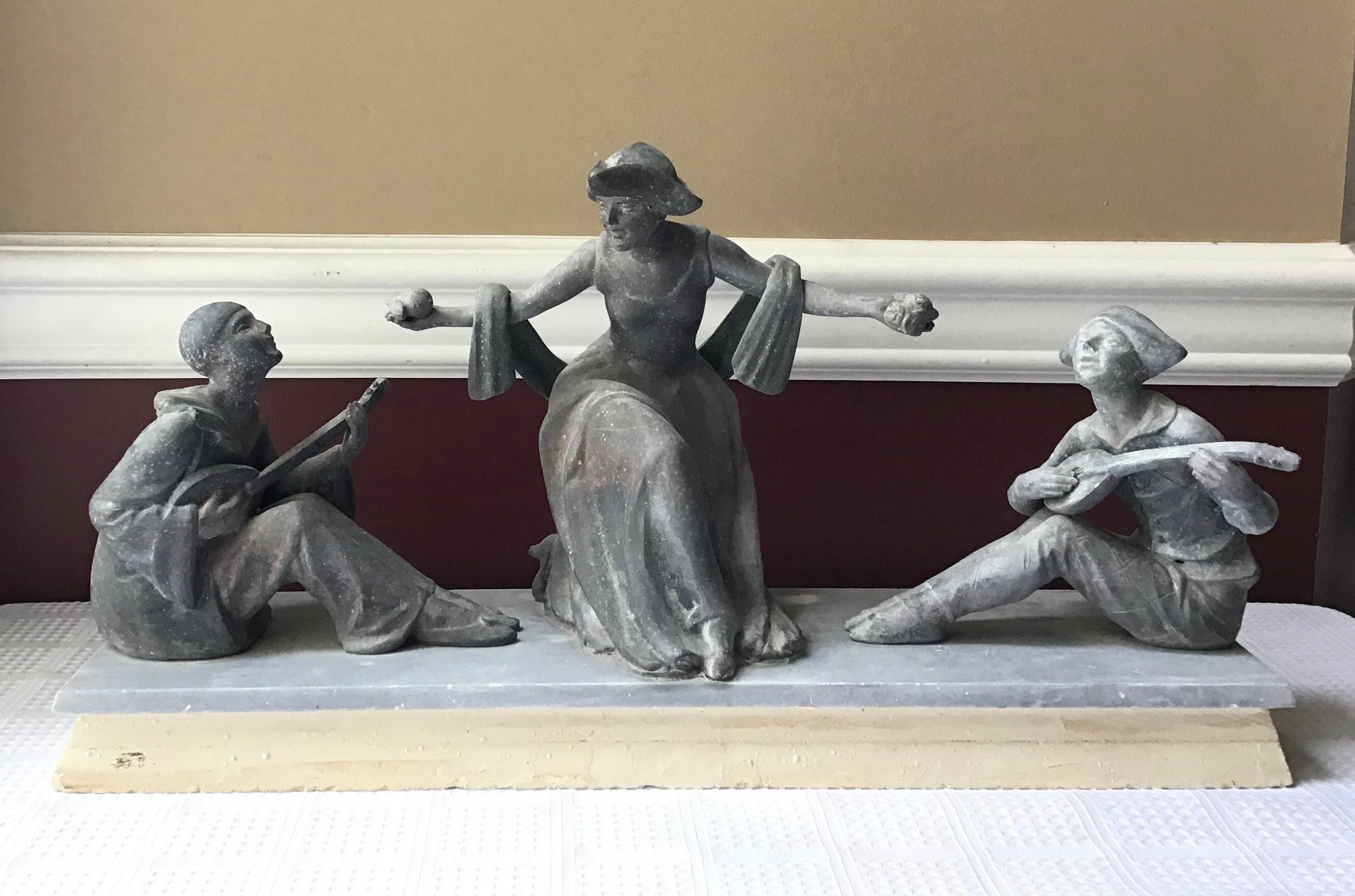 Antique Heavy French Metal Statue on Marble, Two Musicians and Lady ...