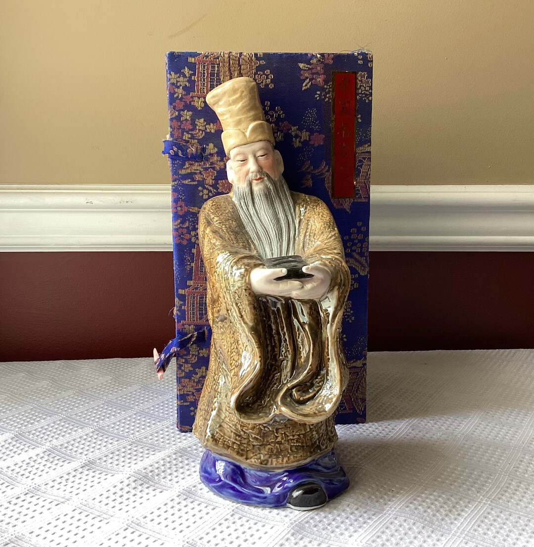Vintage Chinese Porcelain of A Wise Man Statue in Original Fabric Box ...