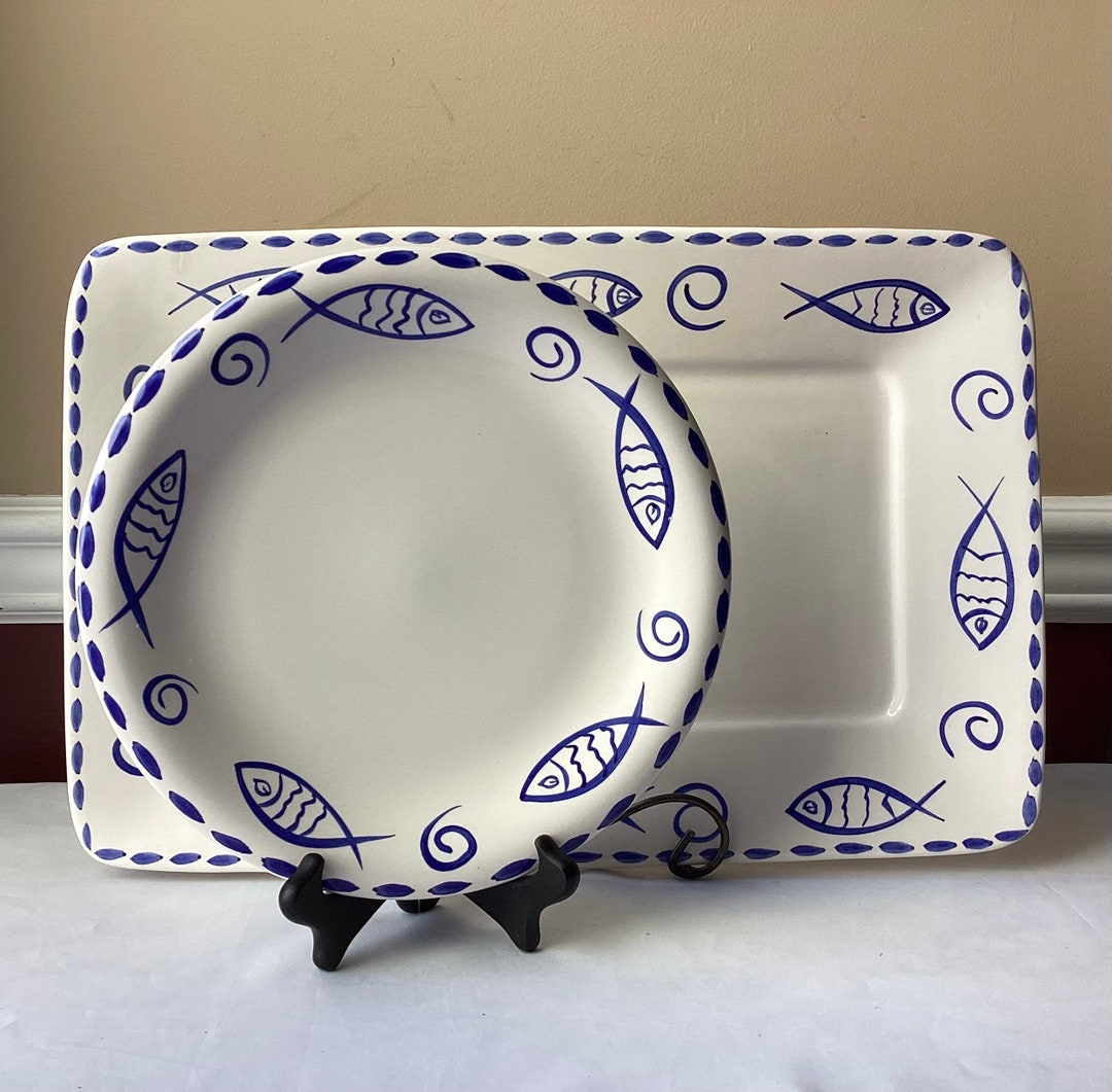 Set of 2 Living Art Pescada Hand Painted Ceramic Platter & Plate, Fish ...
