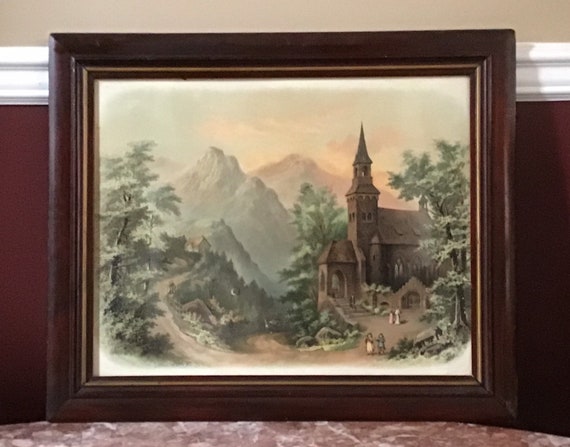 Antique Hand Painted Engraving Mountain Scene - Etsy