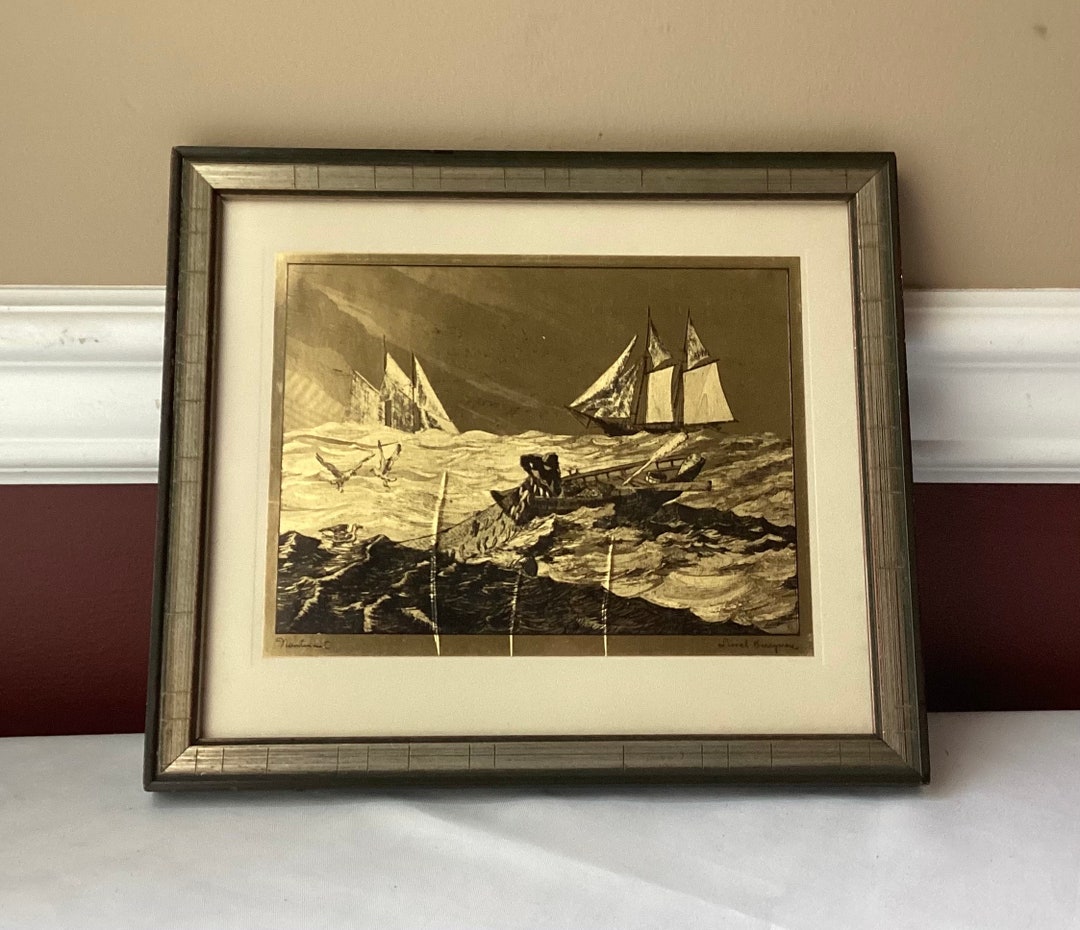 VTG Foil Etching Print, Nantucket by Lionel Barrymore, Fisherman & Sea ...