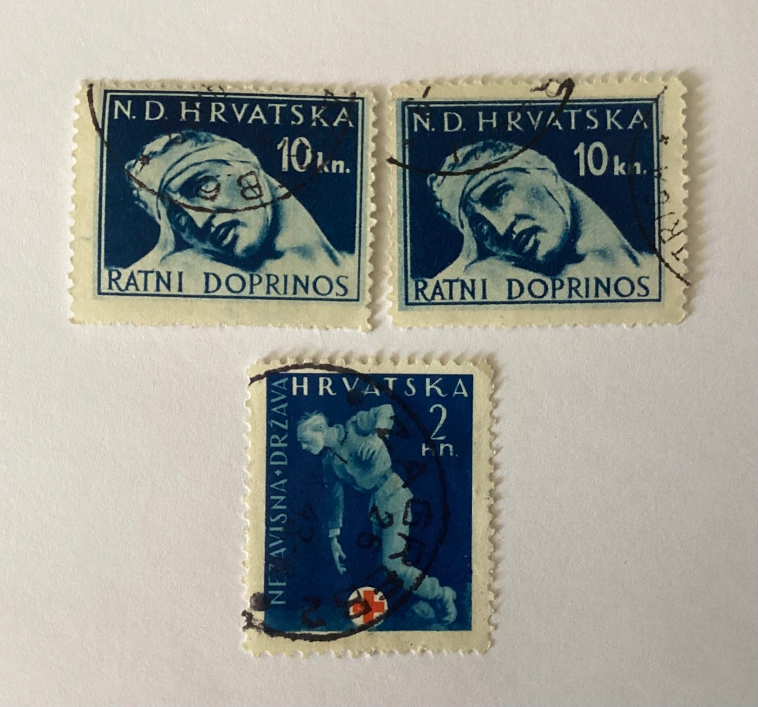 Vintage 1944 Croatia Postage Stamps, 2 X Hrvatska 10 Kn. Rat I Doprinos ...