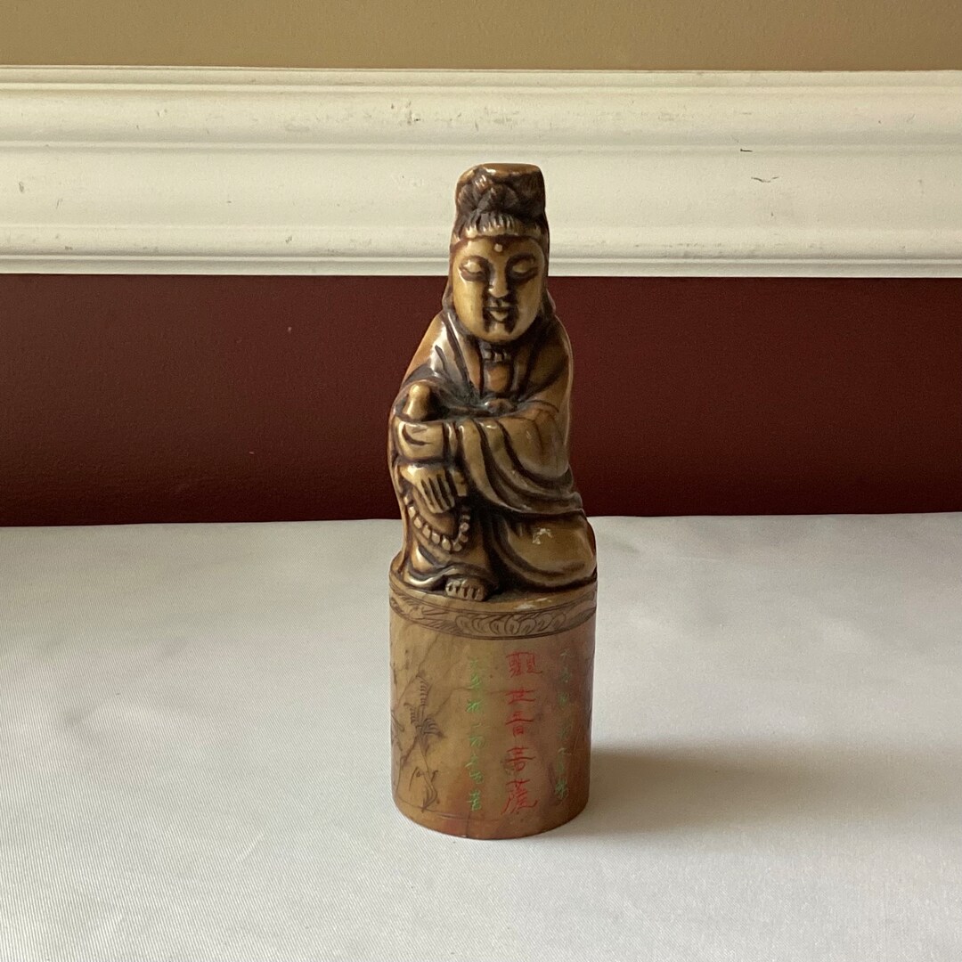 VTG Chinese Natural Stone Chop Figure With Inscriptions, 6" T., Heavy ...