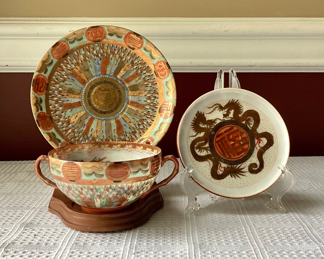 Antique Rare Japanese Double Handle Teacup, Saucer and Cover, Arhats ...