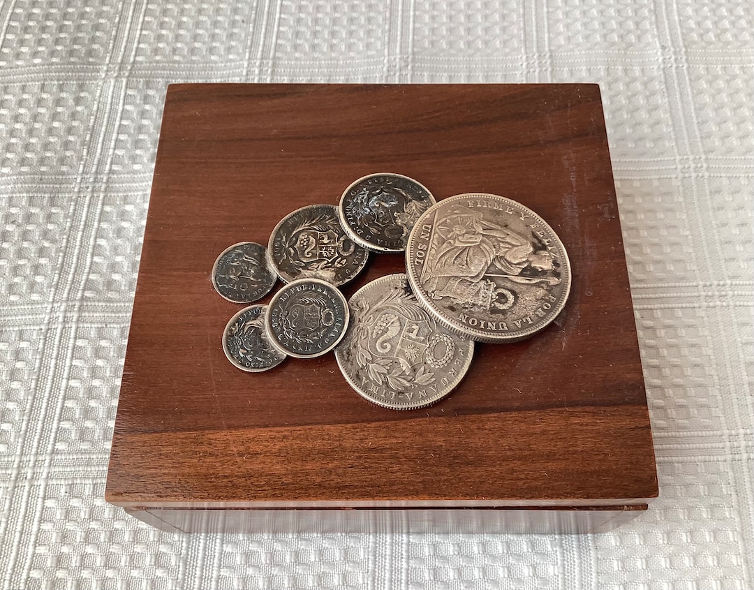 VTG Rosewood Box With 7 Peruvian 19th Century Silver Coins Attached on ...