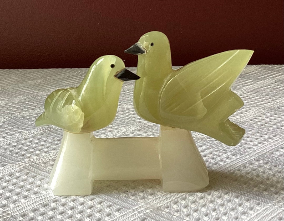 Vintage Serpentine / Jade? Bird Figurine on Alabaster Base, 4 1/2” W ...